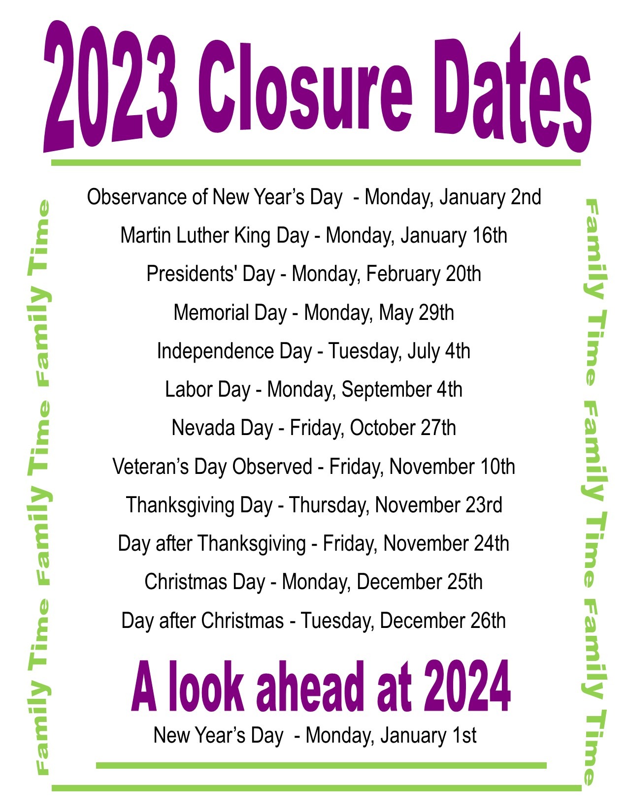 Closure Dates – MileStones Early Childhood Learning